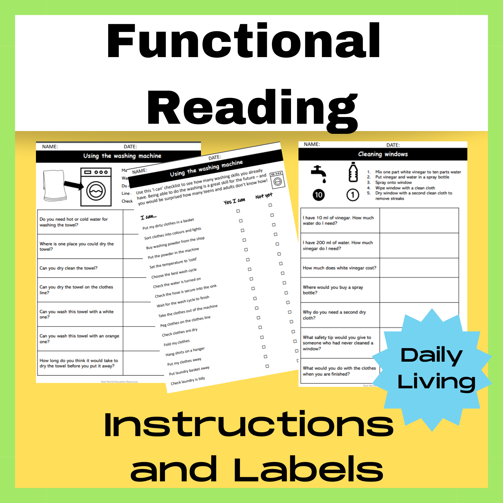Functional reading with instructions and labels for VPC Literacy and ...